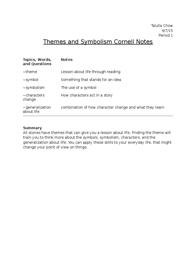 Themes and Symbolism Cornell Notes | PDF | Language Arts & Discipline