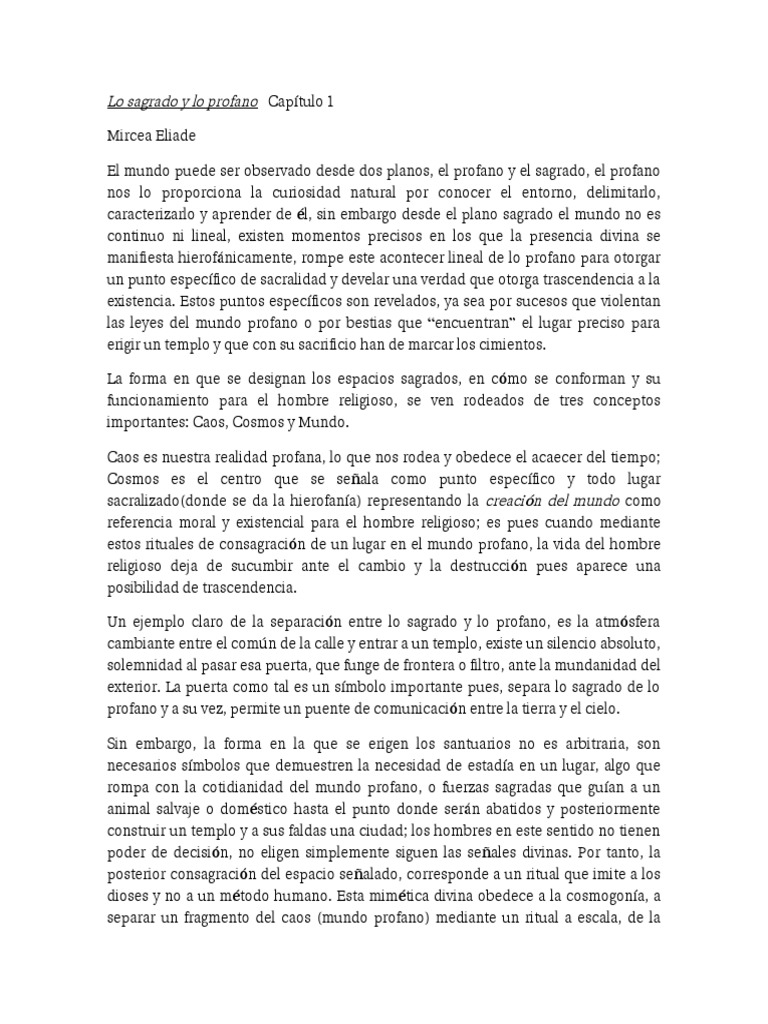 Lo Sagrado y Lo Profano Capítulo 1 Resumen | PDF | Mitos de la creación | Sagrado