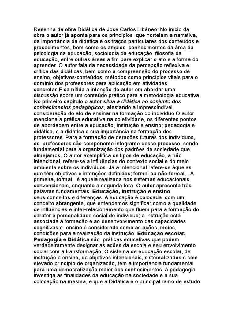Resenha Da Obra Didática de José Carlos Libâneo | PDF | Pedagogia | Escolas