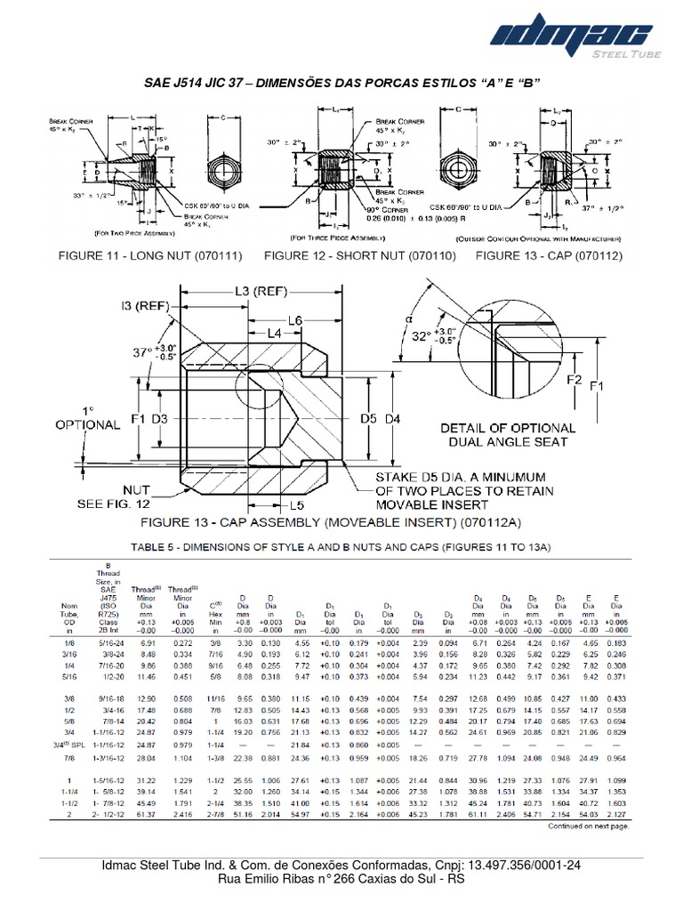 SAE J514 JIC 37° - Dimensões Das Porcas Estilos A e B | PDF