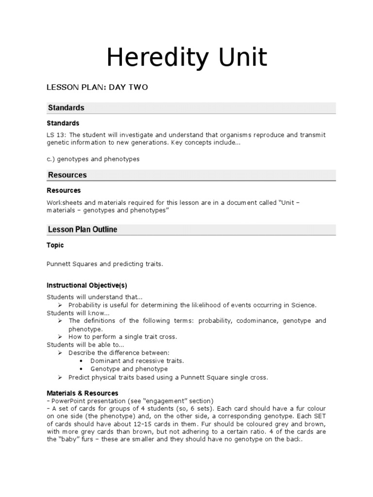 Unit - Lesson Plan - Genotypes and Phenotypes | PDF | Phenotypic Trait ...
