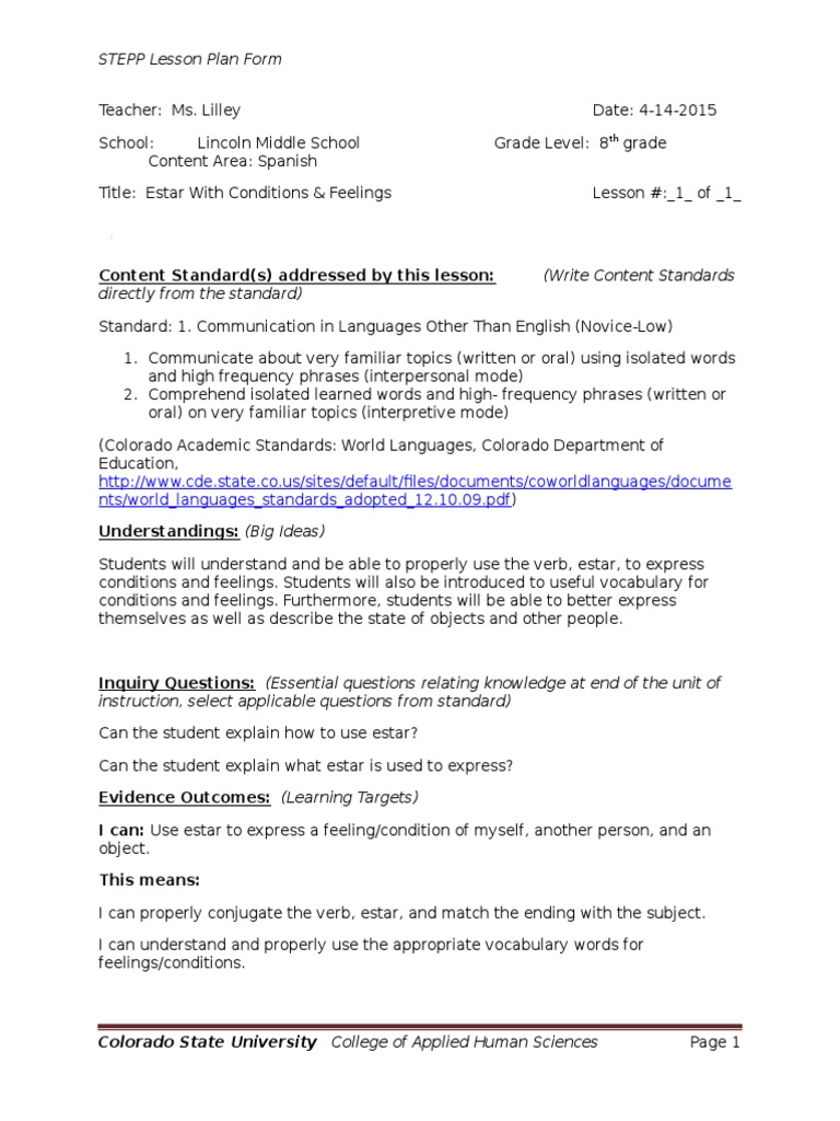 Estar: Conditions & Emotions Lesson Plan | PDF | Lesson Plan | Vocabulary