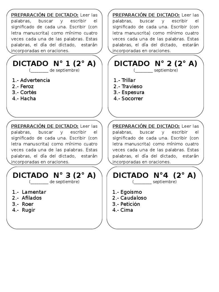 Dictados 2 Básico Septiembre y Formato Para Que Realicen Dctados ...