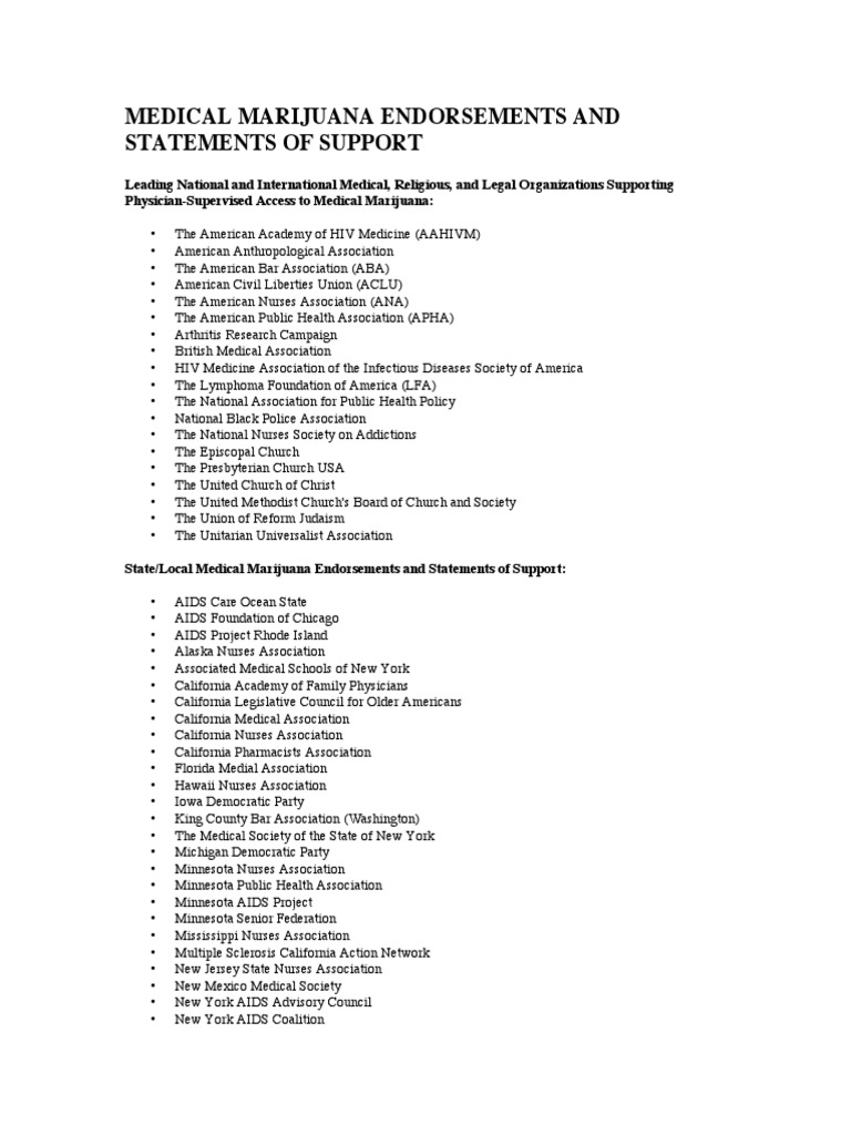 Medical Marijuana Endorsements and Statements of Support | PDF ...