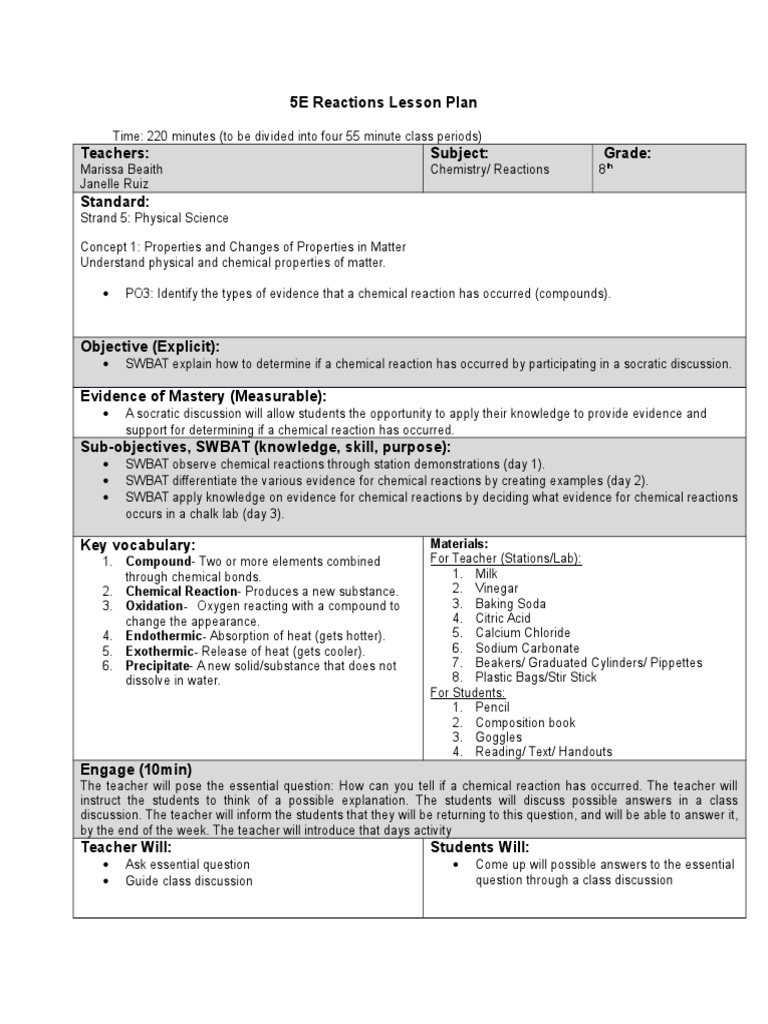 5e Lesson Plan Reactions | PDF | Chemical Reactions | Chemistry