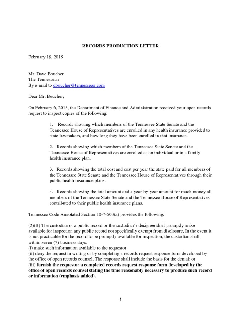 State response to The Tennessean's Public Records Request | Insurance ...