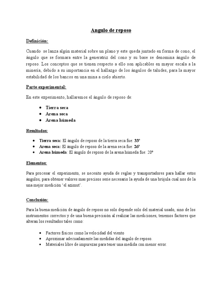 Ángulos de reposo de tierra, arena seca y húmeda (33, 26, 20 | PDF