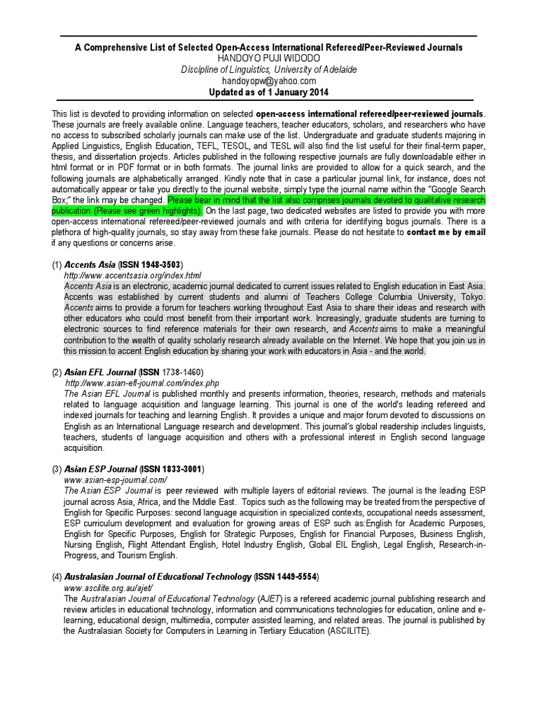 A List Of Refereed Peer Reviewed Journals Pdf English As A Second