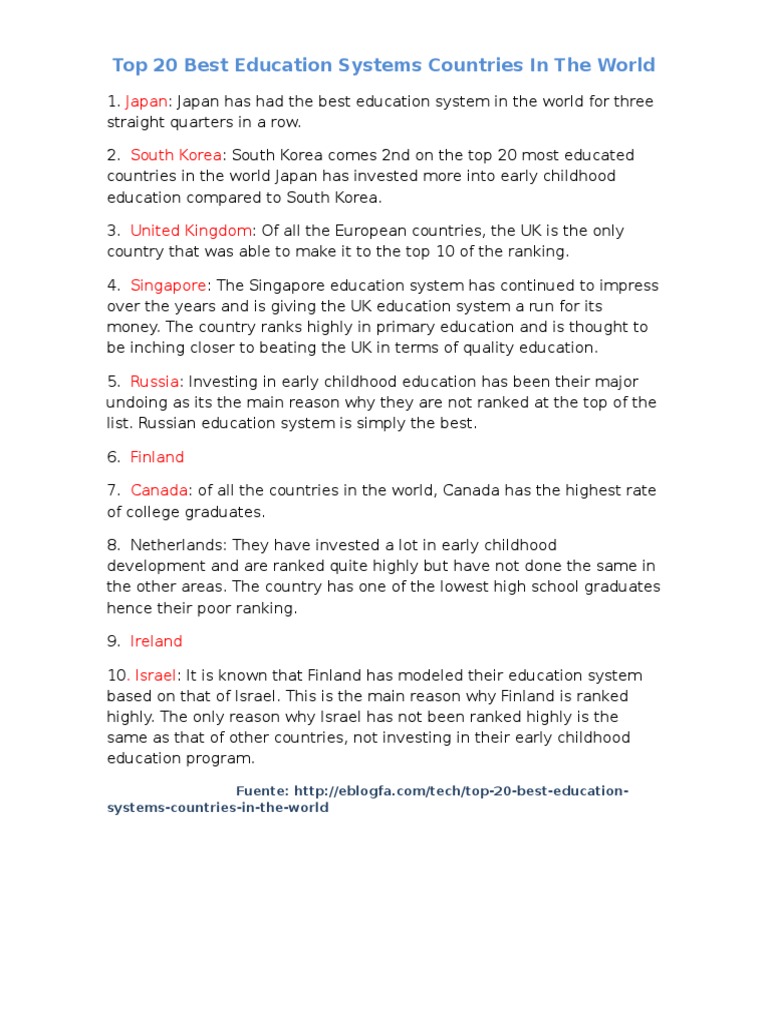 Top 20 Best Education Systems Countries in The World | PDF | Travel ...