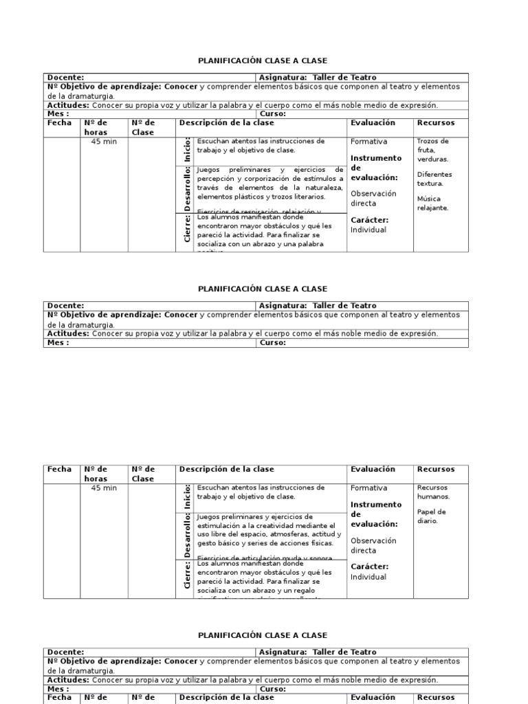 Taller Teatro - Planificación+diaria+marzo | PDF | Evaluación | Teatro