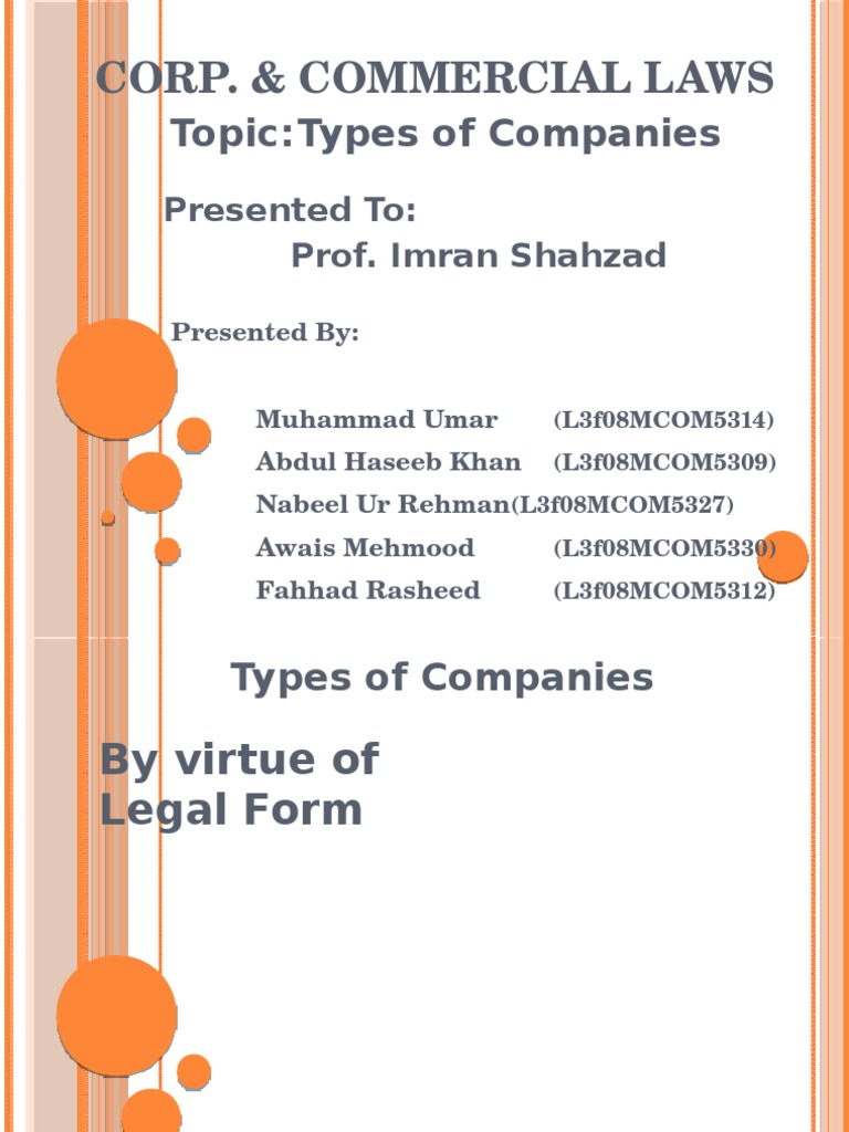 Corp. & Commercial Laws: Topic:Types of Companies | PDF