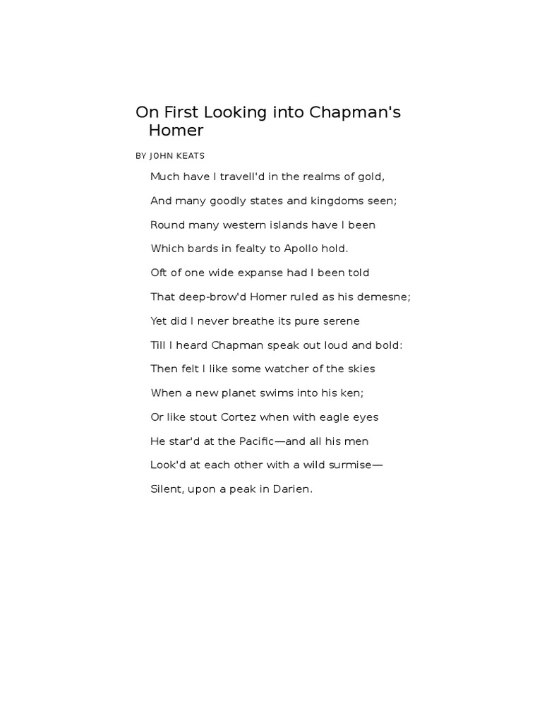 On First Looking Into Chapman's Homer: by John Keats | PDF | Poetry