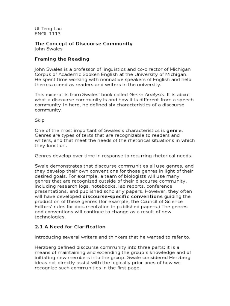 The Concept of Discourse Community by Swales P by P Notes | PDF ...