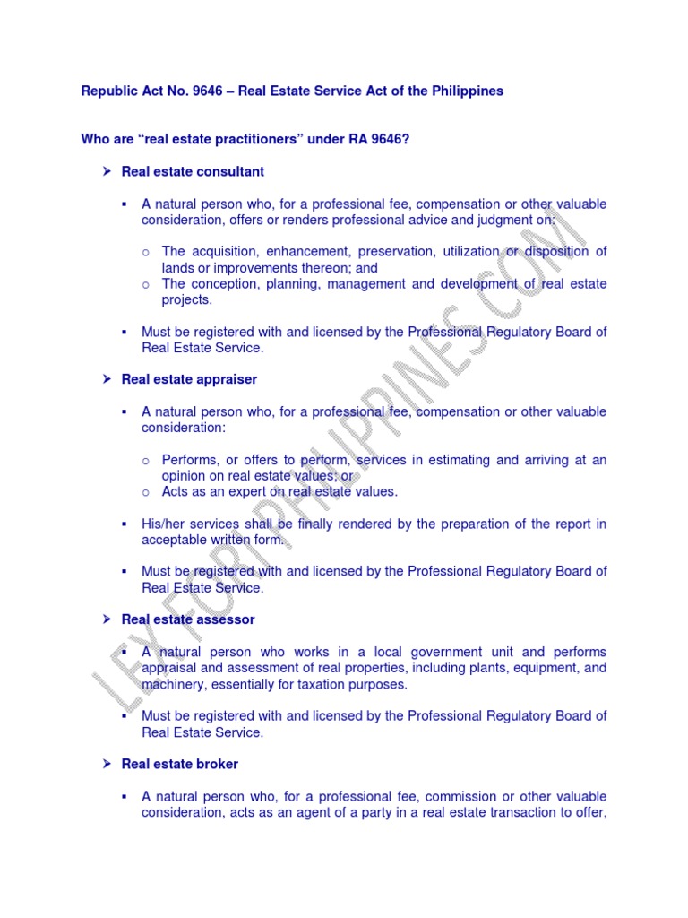 RA 9646 regulates real estate practitioners | PDF | Real Estate Broker ...