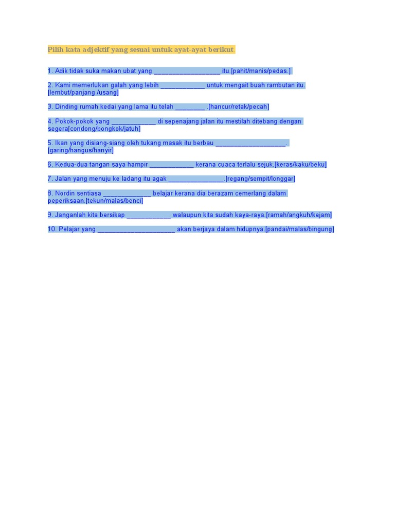Pilih Kata Adjektif Yang Sesuai Untuk Ayat | PDF
