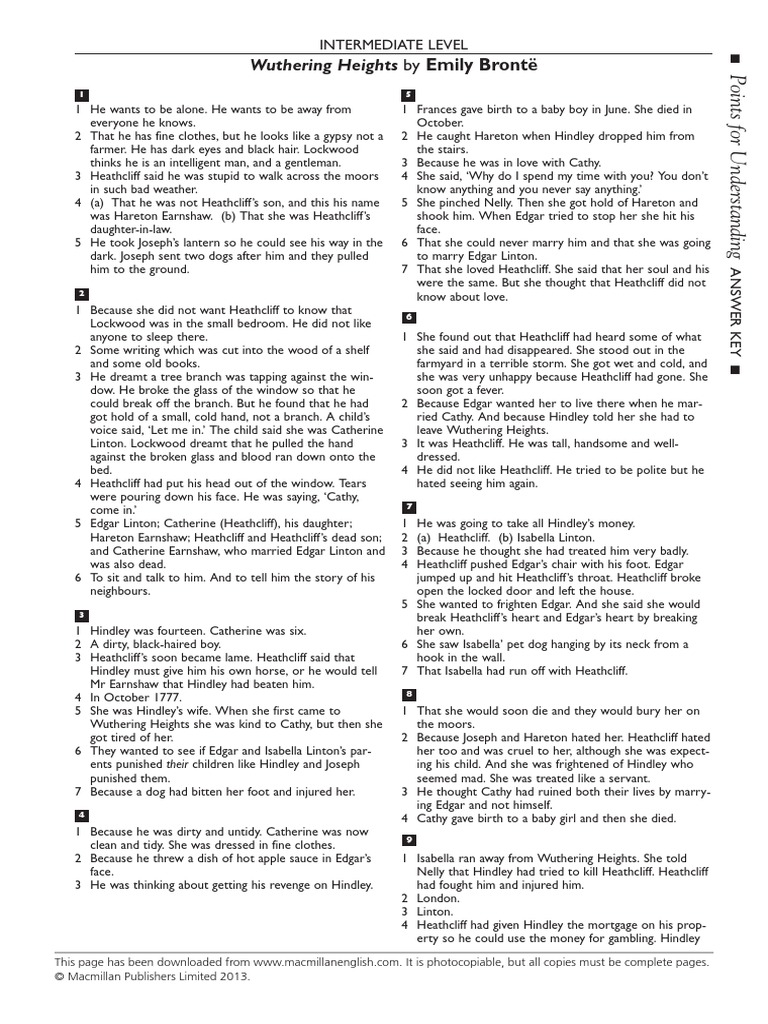 Wuthering Heights Points For Understanding Answer Key | PDF ...