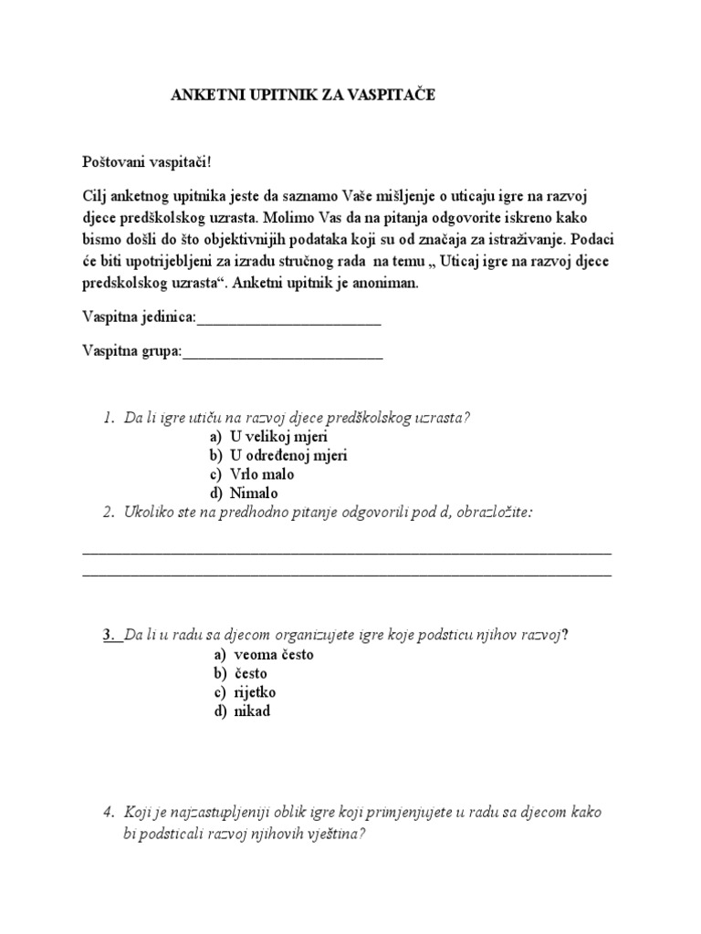 Anketni Upitnik Za Vaspitače | PDF