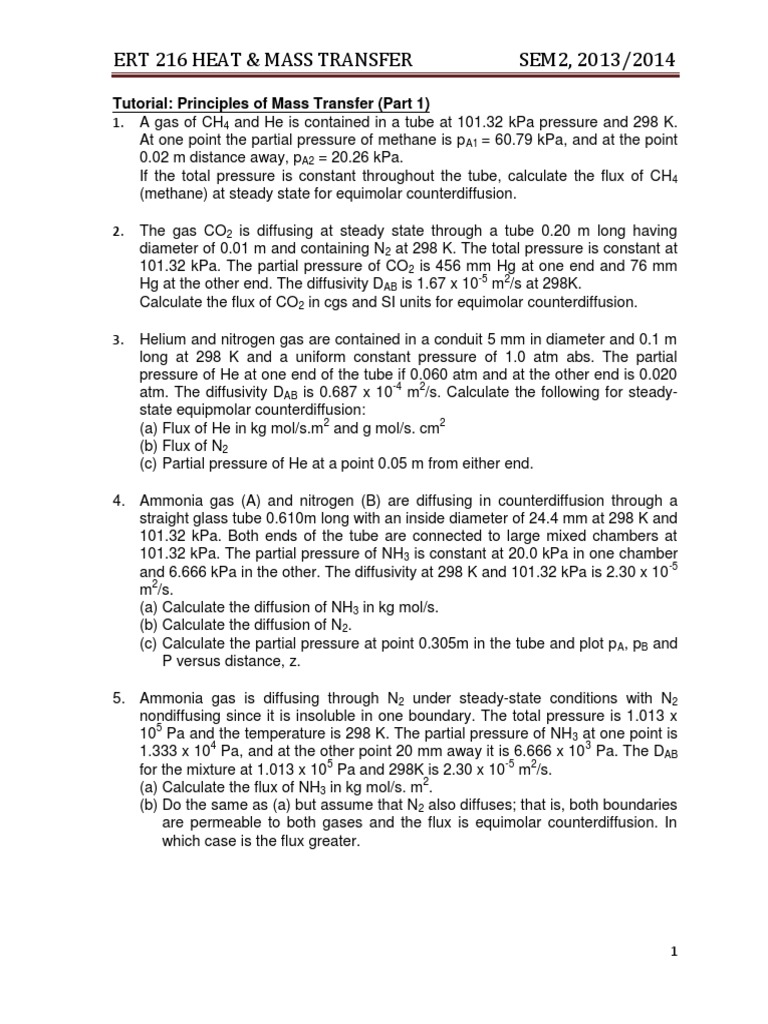 Tutorial Mass Transfer | PDF | Diffusion | Gases