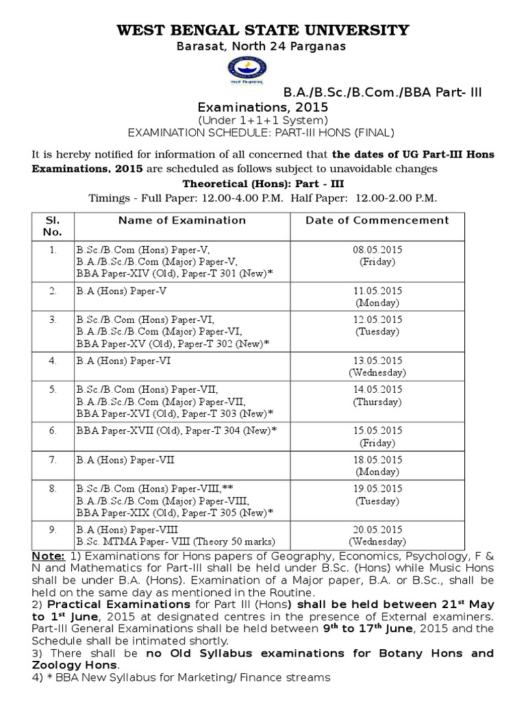 WBSU UG Exam Routine 2015 Part3 Final | PDF