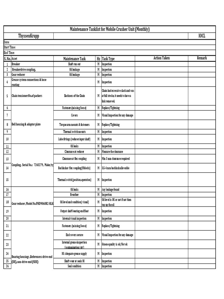 Mcu Checklist | PDF | Bearing (Mechanical) | Machines