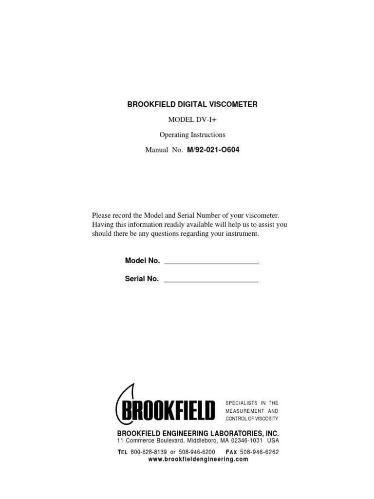 Brookfield DV-I+ Viscometer Manual | PDF | Viscosity | Rheology