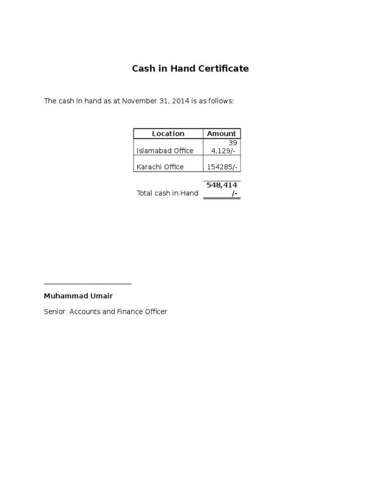 Cash in Hand Certificate 30 Dec 2014 | PDF
