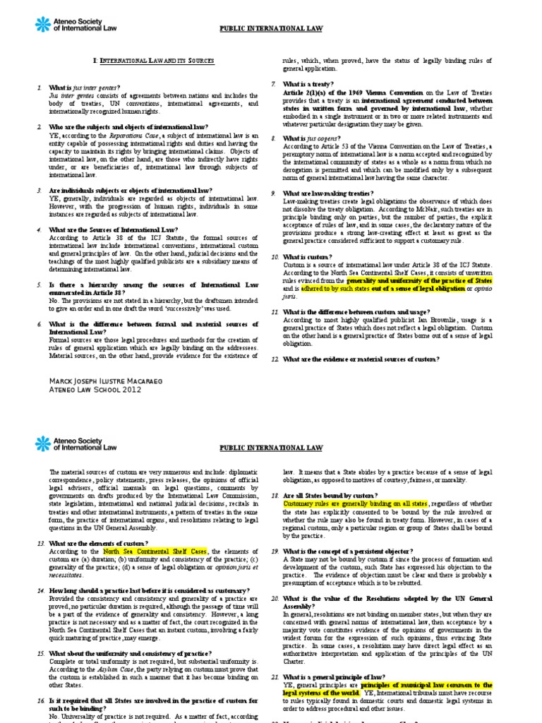 Pil Cheat Sheet | PDF | Public International Law | Treaty