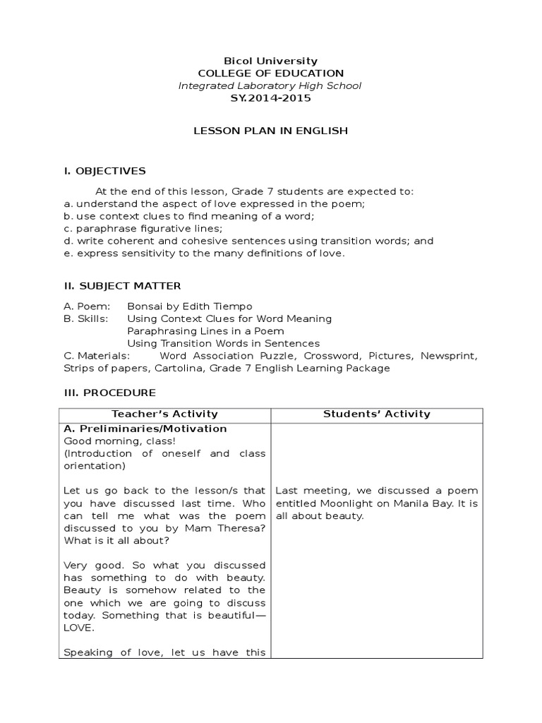 Lesson Plan g7 | PDF | Paragraph | Love