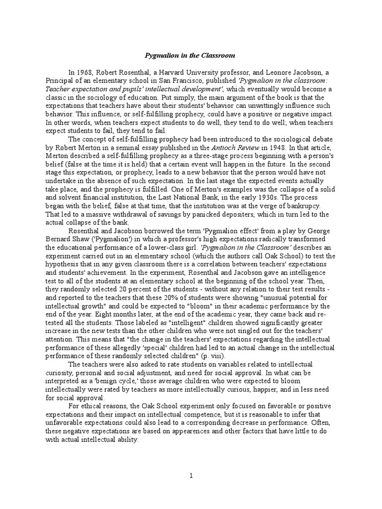 Pygmalion Effect in Education: 1968 Study | PDF | Psychological ...