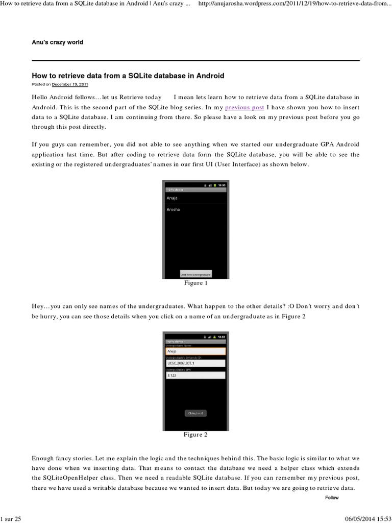 How To Retrieve Data From A Sqlite Database In Android Anus Crazy World Pdf Sql Databases