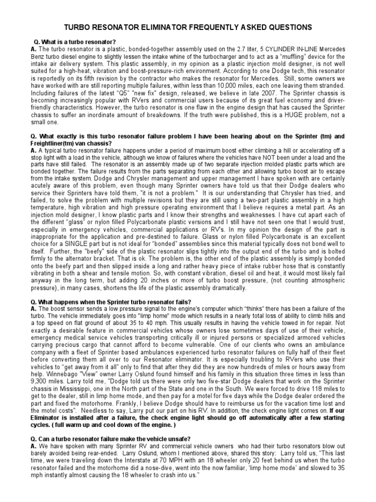 MERCEDES SPRINTER SRE-06 Faqs Sprinter Turbo Resonator Eliminator | PDF ...