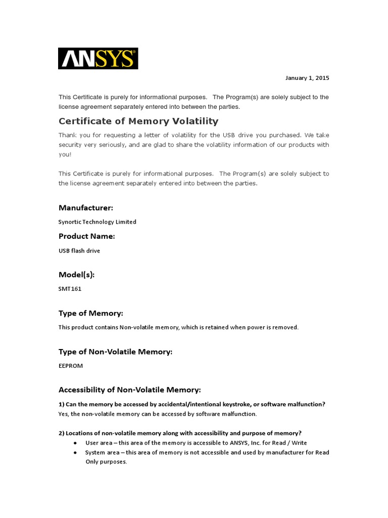 16.0 Certificate of Volatility PDF | PDF | Flash Memory | Computer Data ...