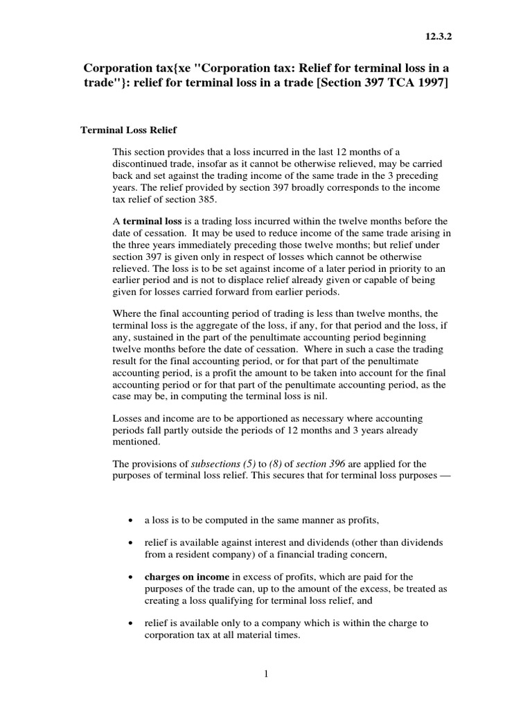 Corporation Tax (Xe "Corporation Tax: Relief For Terminal Loss in A ...