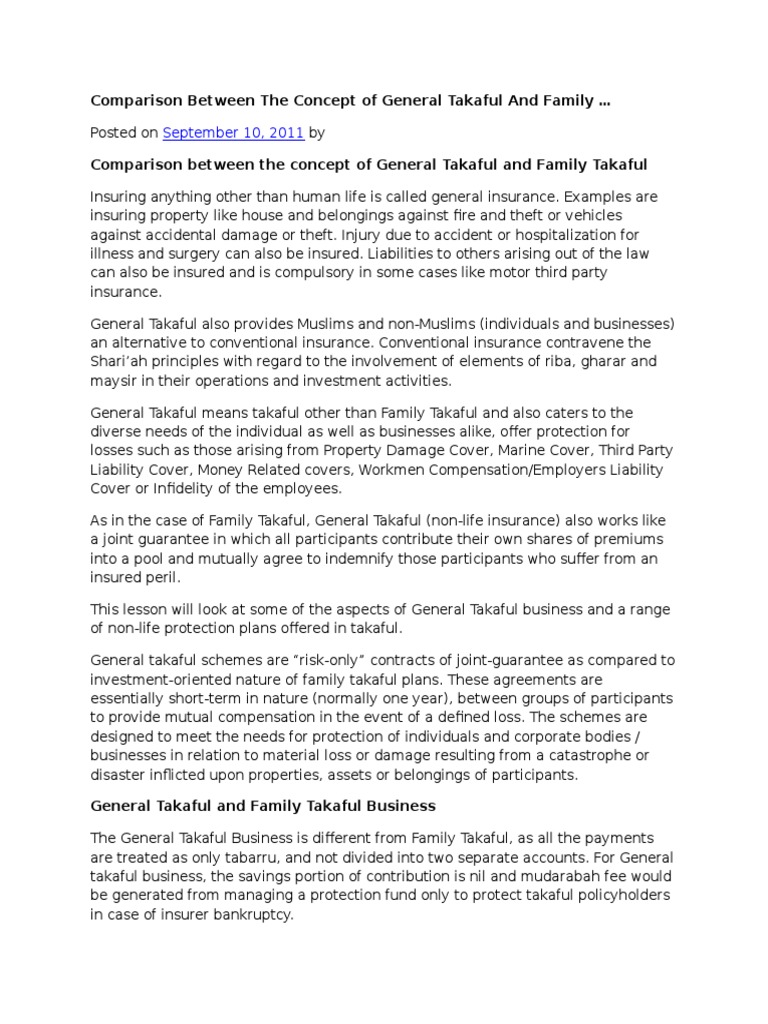 Comparison Between The Concept of General Takaful and Family | PDF ...