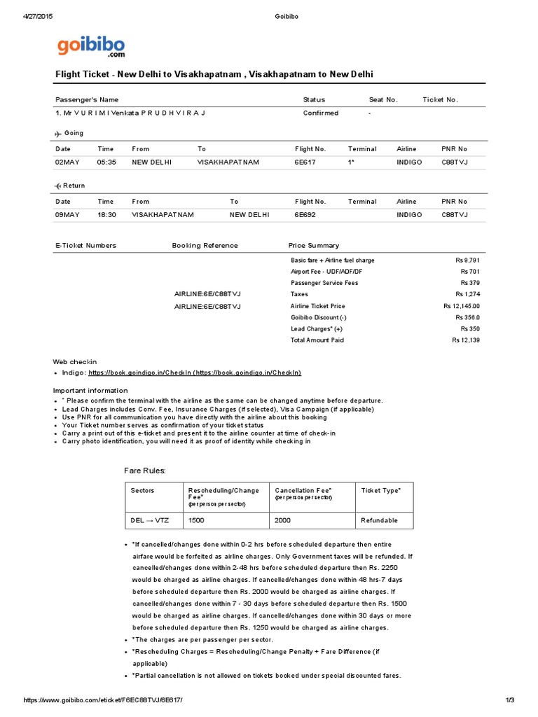 Goibibo PDF Airlines Fee