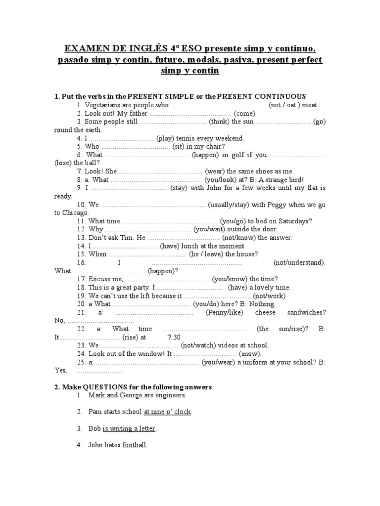 EXAMEN DE INGLÉS 4º ESO Presente Simp y Continuo, PAST SIMP Y CONT ...