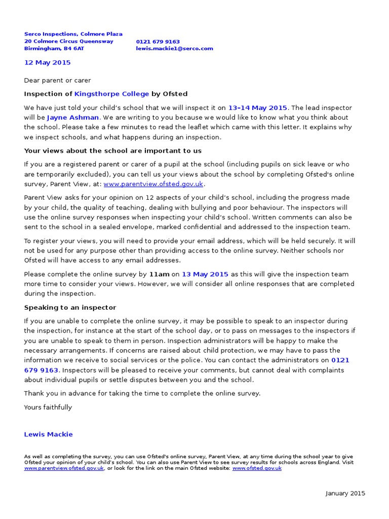 Ofsted Letter To Parents Kingsthorpe College 461992 | PDF | Violence