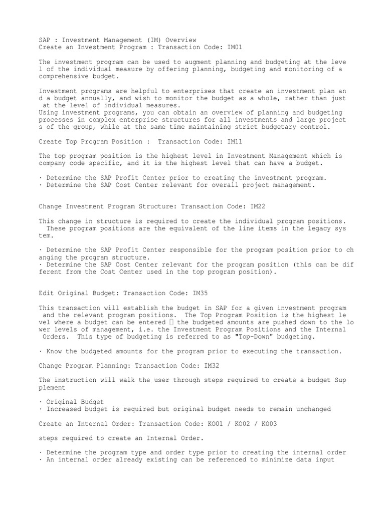 SAP Investment Management (IM) Overview | Download Free PDF | Budget ...