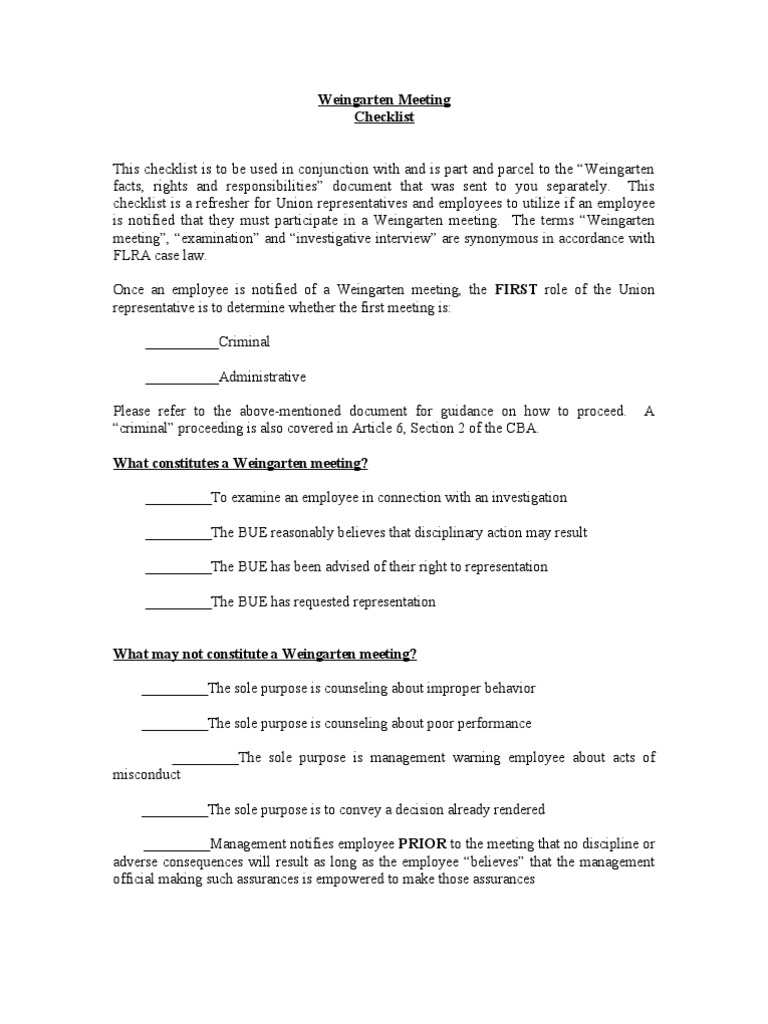Weingarten Meeting Guidelines Checklist | PDF | Question | Confidentiality