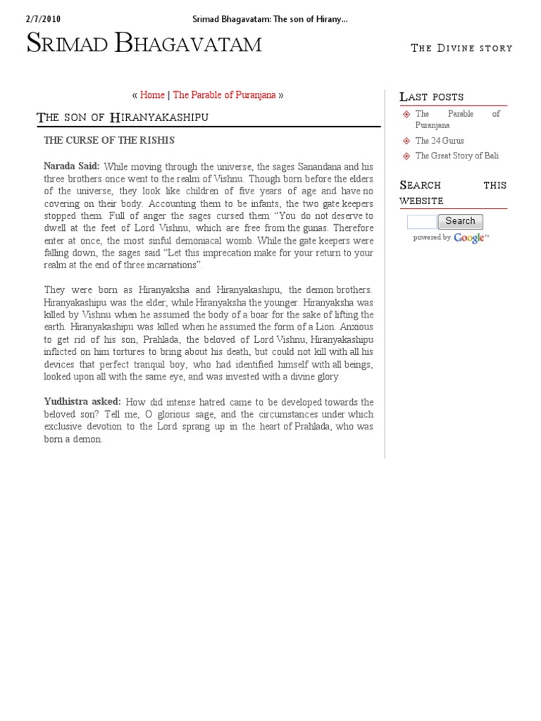 Srimad Bhagavatam The Son of Hiranyakashipu | PDF | Hindu Mythology | Religion And Belief