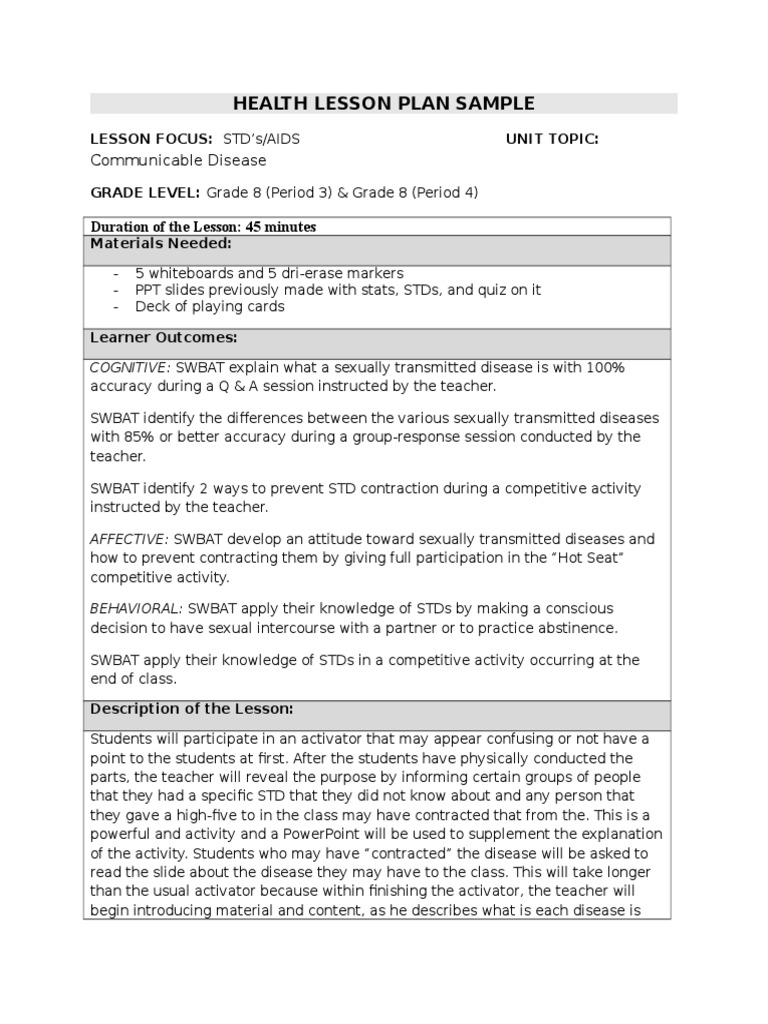 Health Lesson Plan Sample: Communicable Disease | PDF | Sexually ...