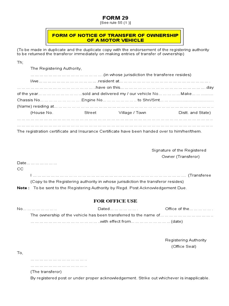 Vehicle Ownership Transfer Notice Form | PDF | Finance & Money ...