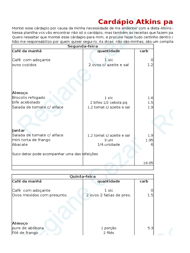 Cárdapio Atkins Indução | PDF | Queijo | Preparação de alimentos e bebidas