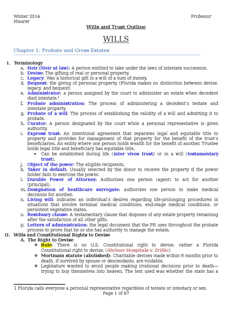 Wills and Trust Outline | Concurrent Estate | Will And Testament