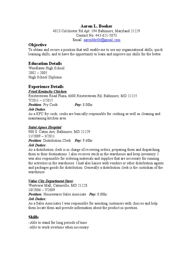 Aaron Booker's Resume and Skills Summary | PDF