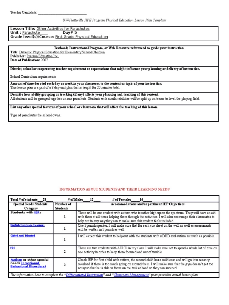 Edtpa Pe Lesson Plan Template Methods Lesson Plan Physical Education