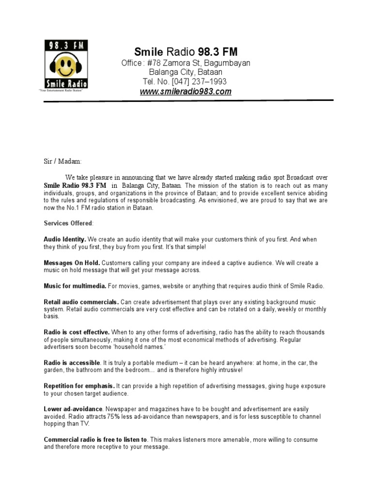 Smile Radio 98.3 FM Advertising Rates | PDF | Television Advertisement ...