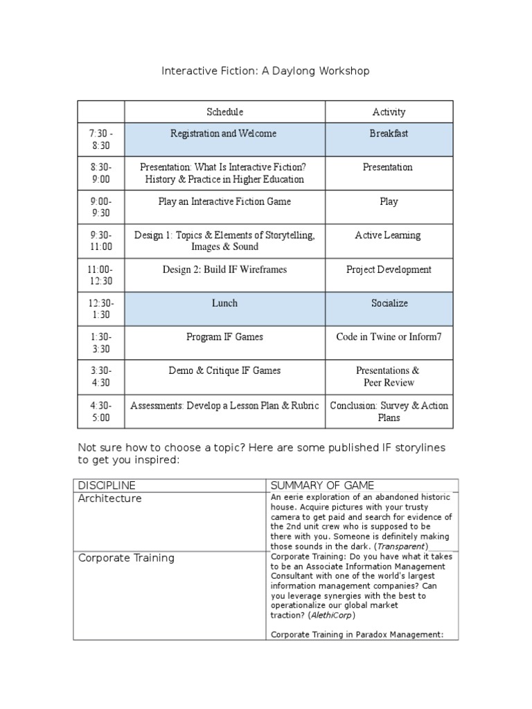 Interactive Fiction Workshop Schedule | PDF | Perception