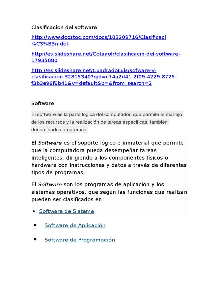 Clasificacion y Tipos de Software | Descargar gratis PDF | Sistema operativo | Hardware de la ...