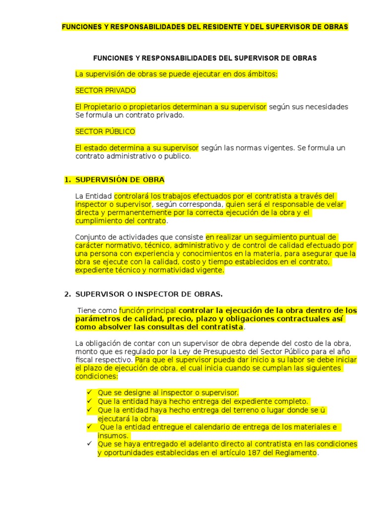 Funciones y Responsabilidades de Supervisor de Obras | PDF ...